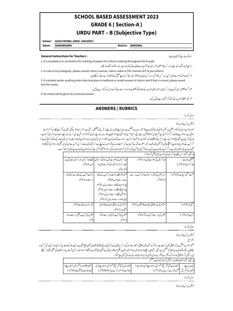 6th Urdu - Sub.answer Key | PDF