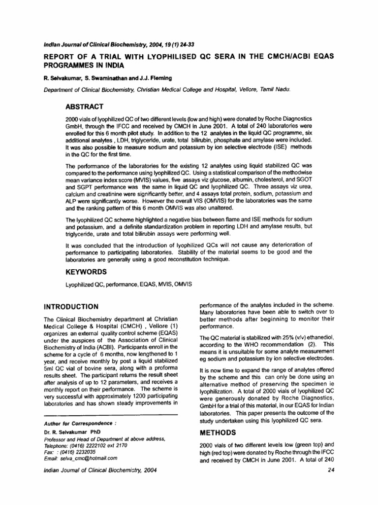 Report of A Trial With Lyophilised QC Sera in The CMCH-ACBI EQAS Programmes in India | PDF ...