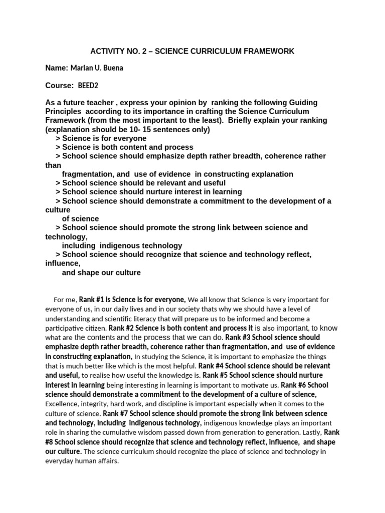 Activity No. 2 - Science Curriculum Framework | PDF | Science | Curriculum