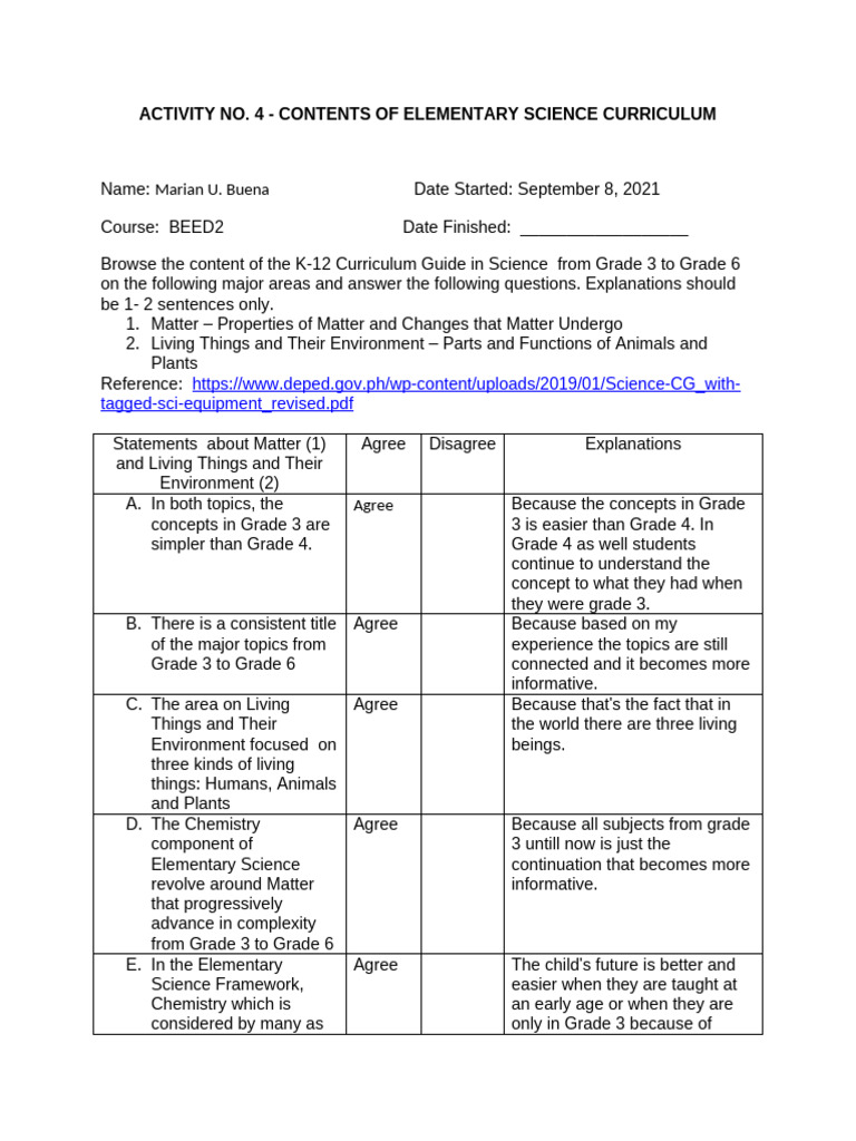 Activity No. 4 - Contents of Elementary Science Curriculum | PDF | Science | Curriculum