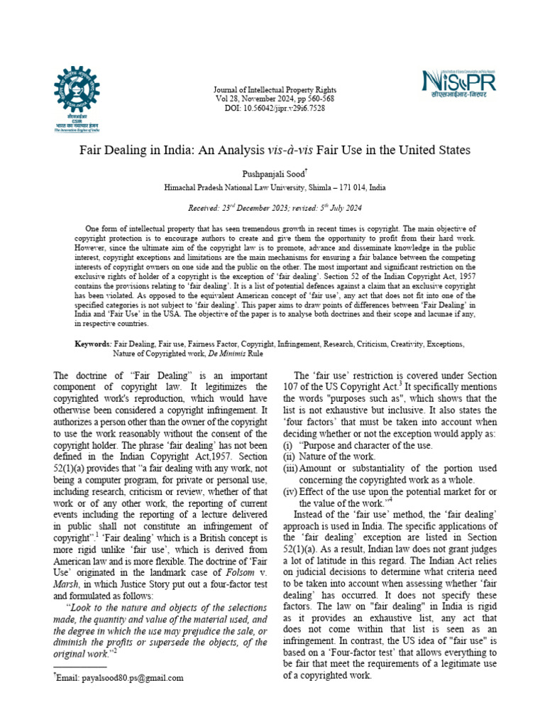 Fair Dealing vs. Fair Use: A Comparative Study | PDF | Fair Dealing ...