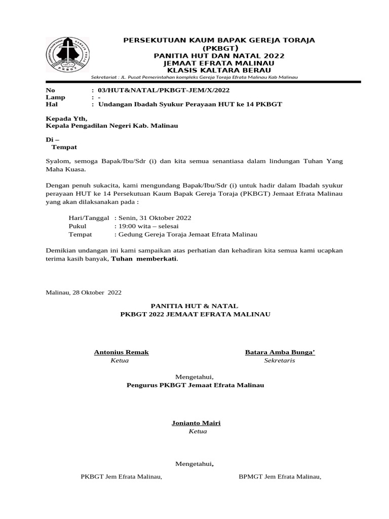 Undangan HUT ke-14 PKBGT Malinau | PDF