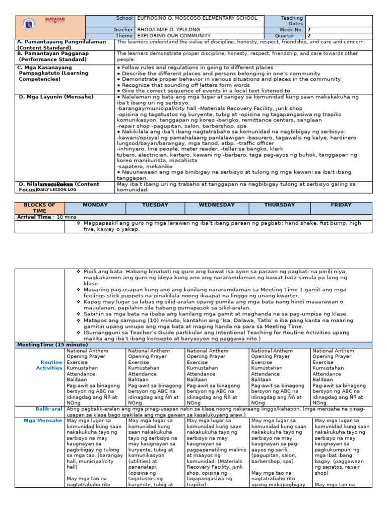 Kindergarten-DLL-Matatag-Q2 Week 7 | PDF