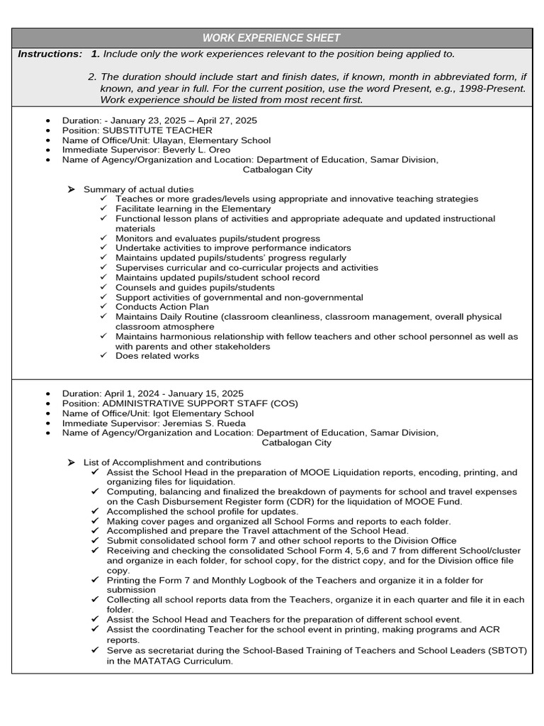 CS Form No 212 Work Experience Sheet | PDF | Teachers | Learning