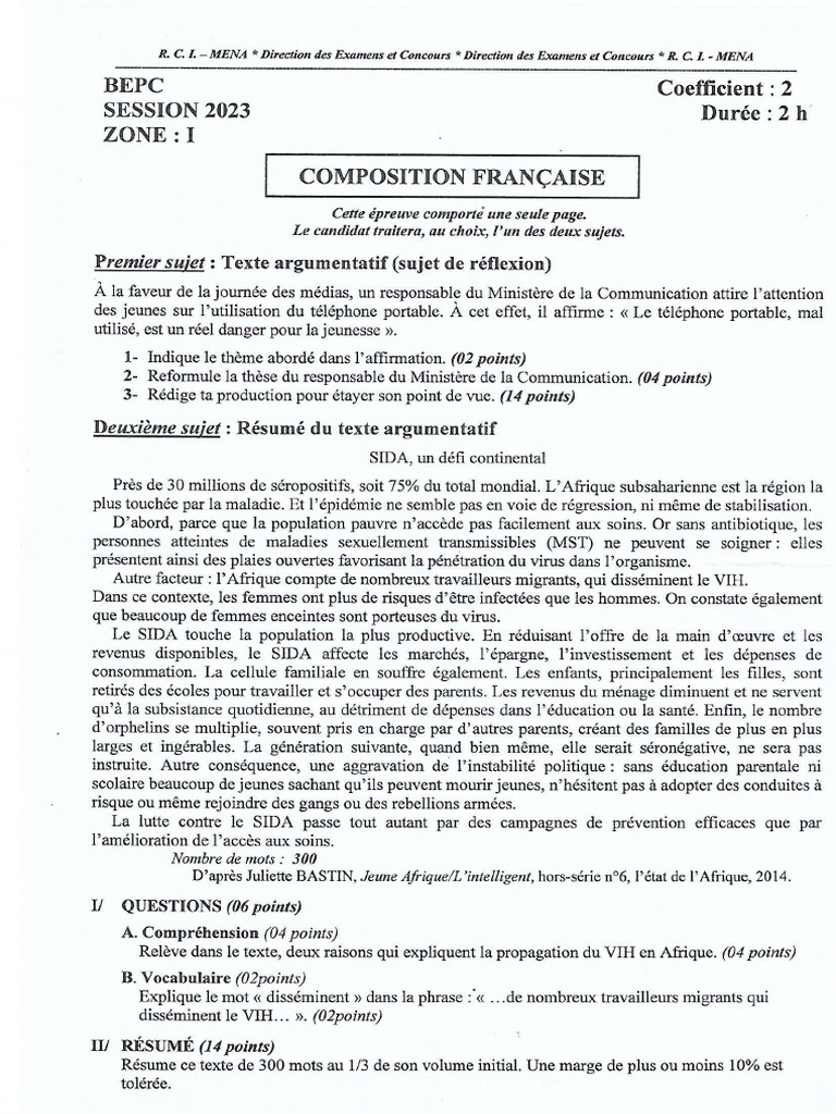 Sujet Bepc | PDF