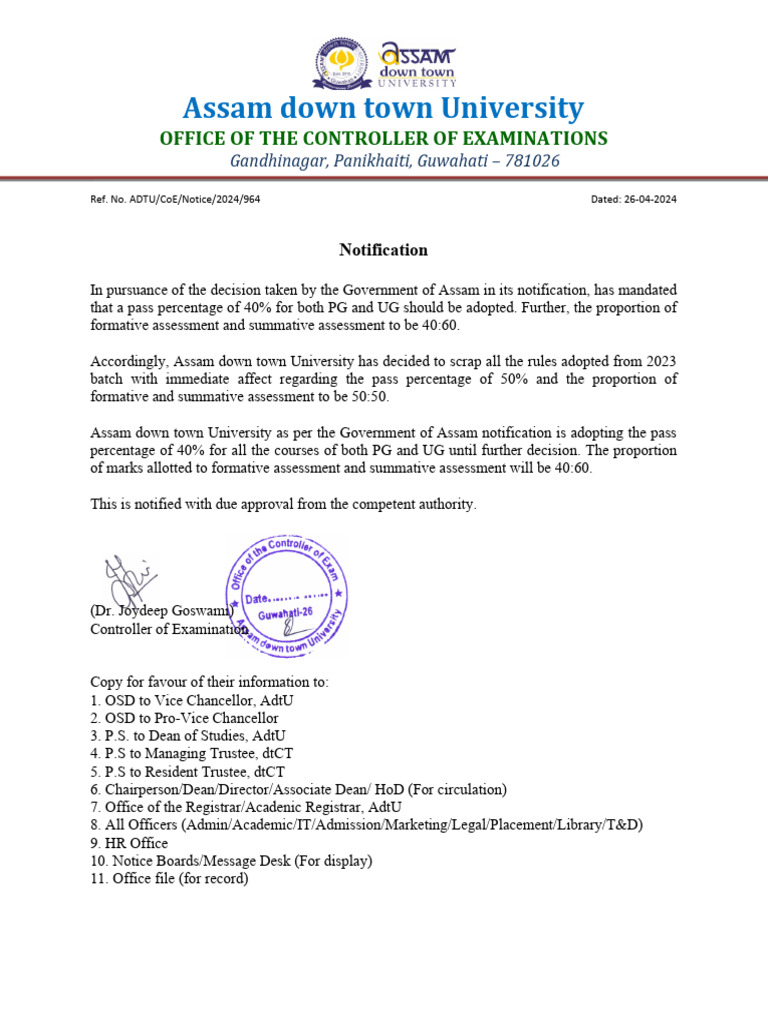 Assam Down Town University: Office of The Controller of Examinations | PDF