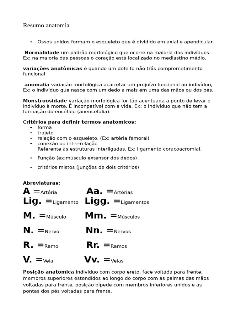 Resumo Anatomia Faculdade | PDF | Osso | Esqueleto