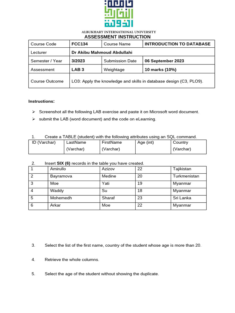 DB LAB EXERCISE 3 | PDF | Databases | Information Technology Management