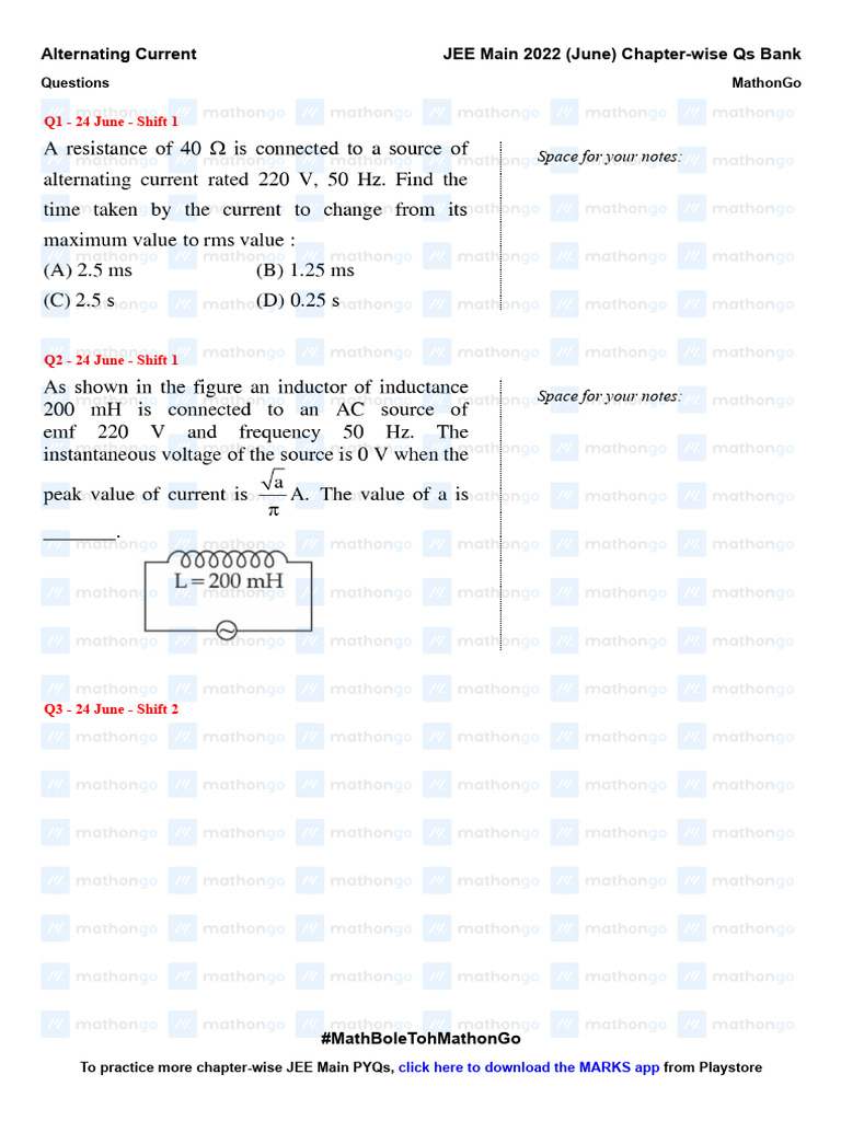 Alternating Current - JEE Main 2022 Chapter Wise Questions by MathonGo | PDF