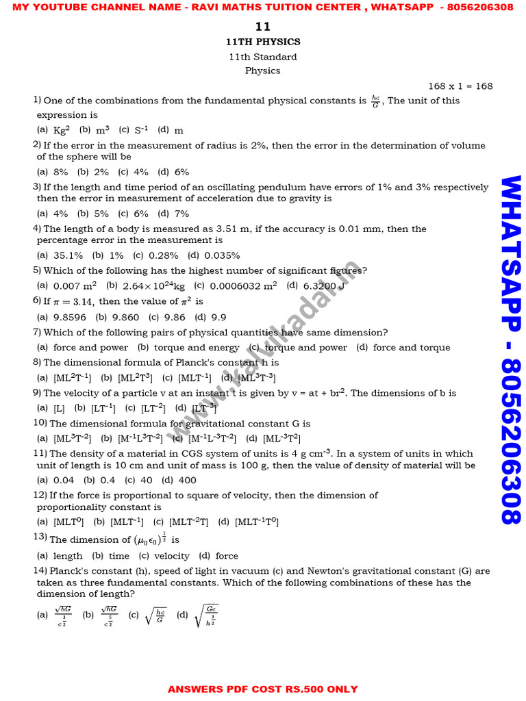11th Physics 1 & 2 Mark Question Bank EM | PDF | Force | Acceleration