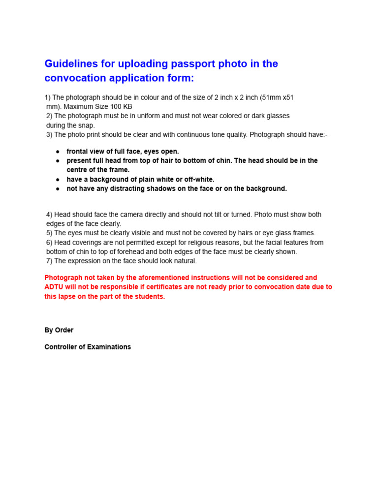Guidelines For Uploading Passport Photo in The Convocation Application Form | PDF
