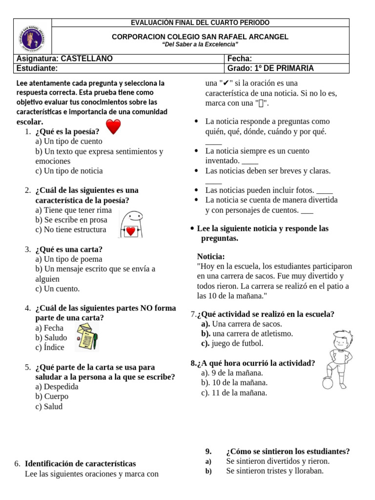 Evaluación de Castellano para 1º Primaria | PDF