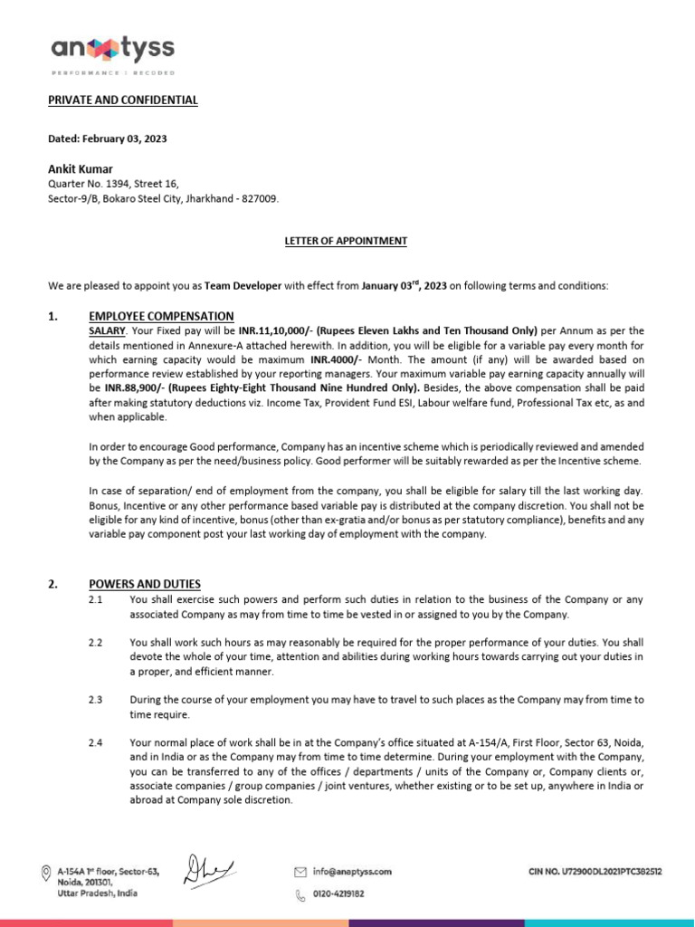 Ankit Kumar - Appointment Letter | PDF | Employment | Patent