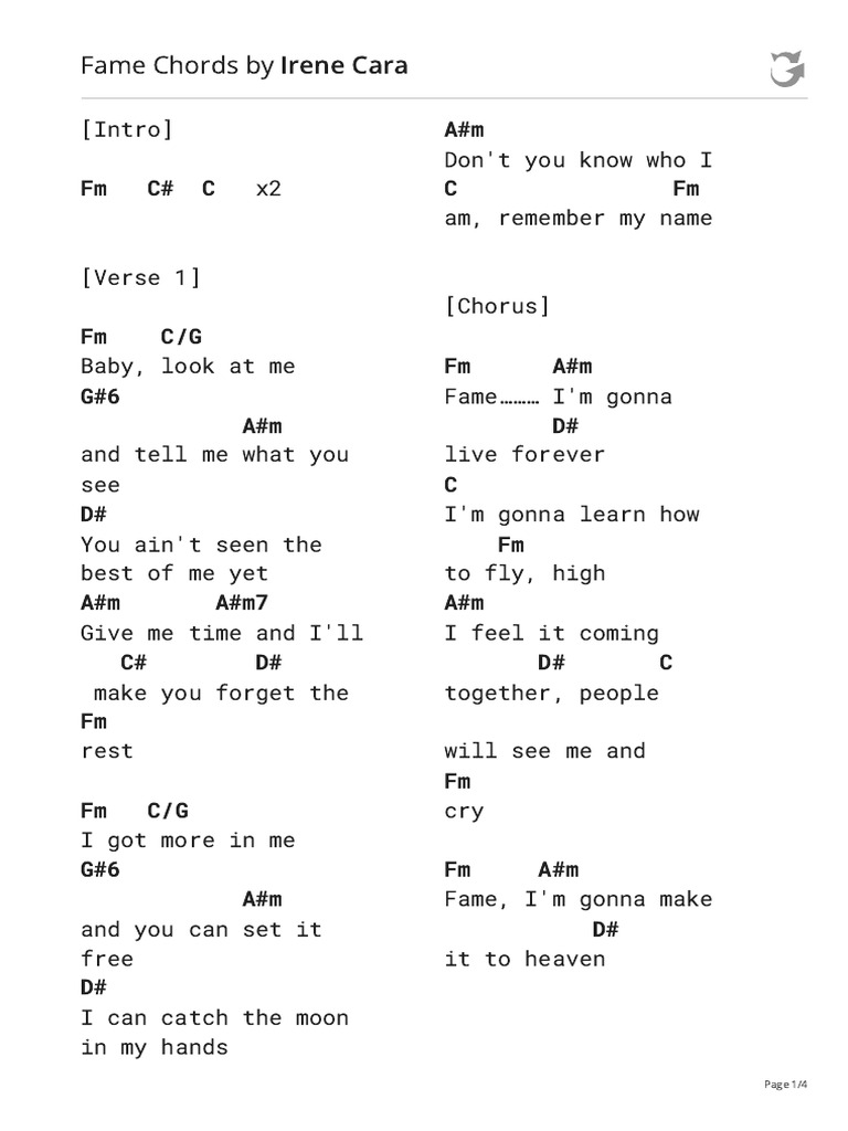 Fame Chords and Lyrics by Irene Cara | PDF | Song Structure | Songs