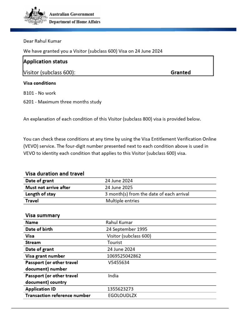 Visitor Visa (Subclass 600) Granted | PDF