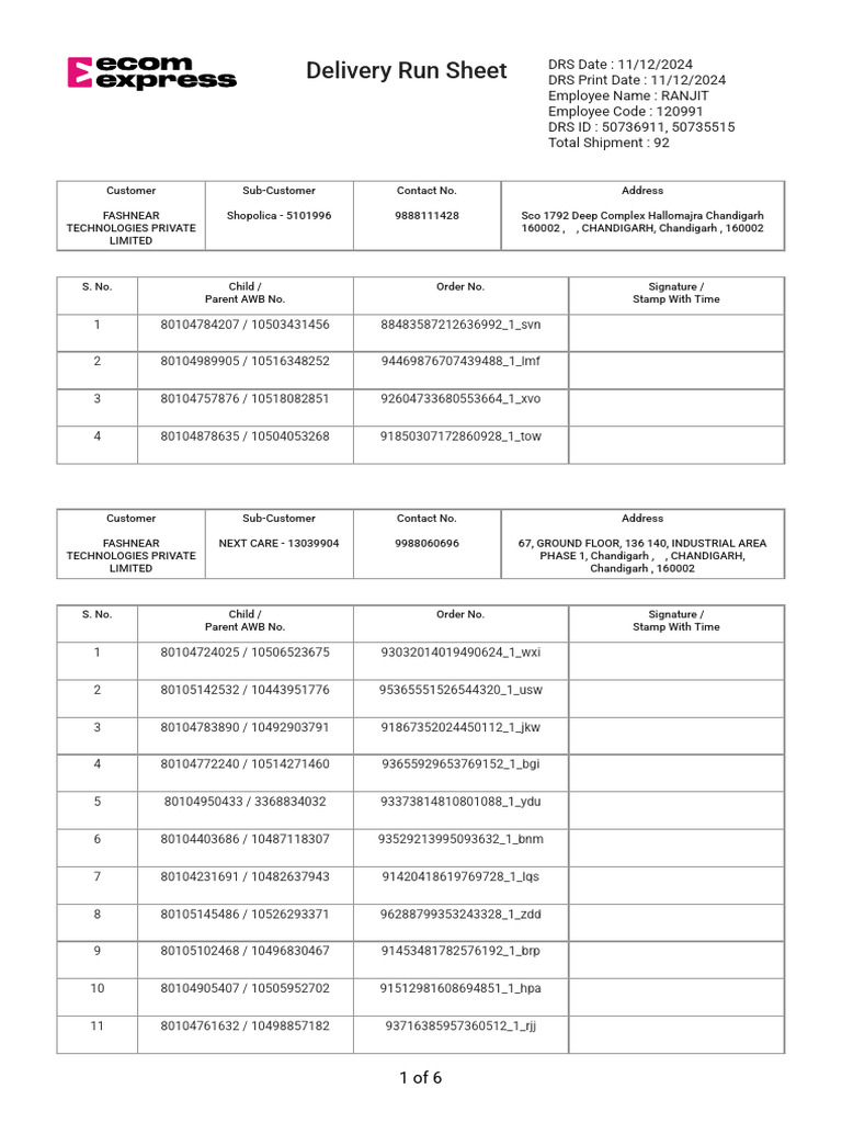 Delivery Run Sheet | PDF