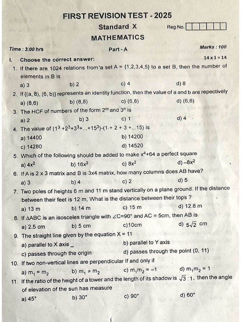 10th Maths 1st Revision Exam 2025 Original Question Paper Thiruvallur ...