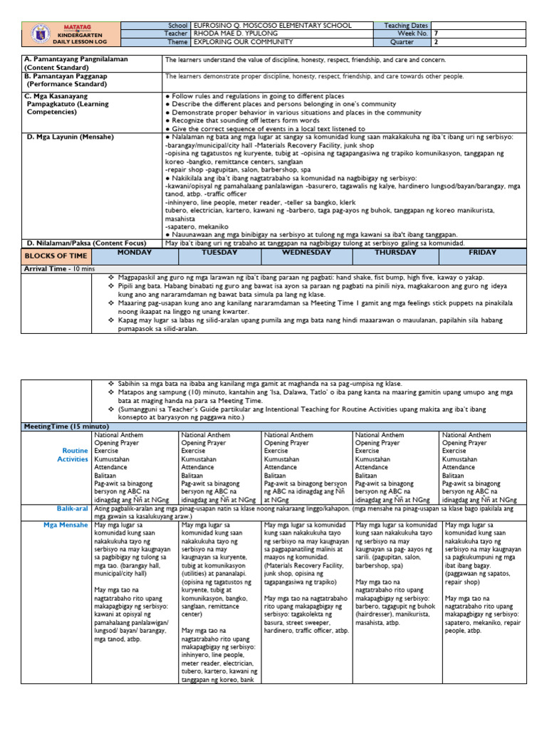 Kindergarten-DLL-Matatag-Q2 Week 7 | PDF