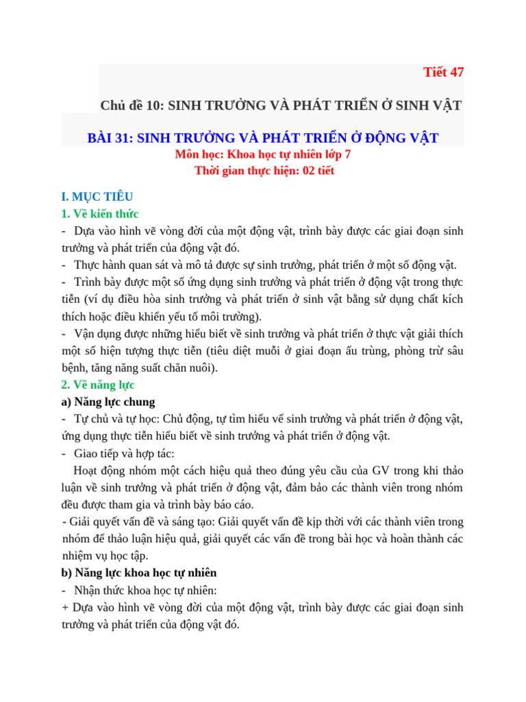 KHTN 7-Tuan 29-Tiet 47,48 - Bai 30 - Sinh Truong Va Phat Trien o Dong Vat, Bai 31 - Khai Quat Ve ...