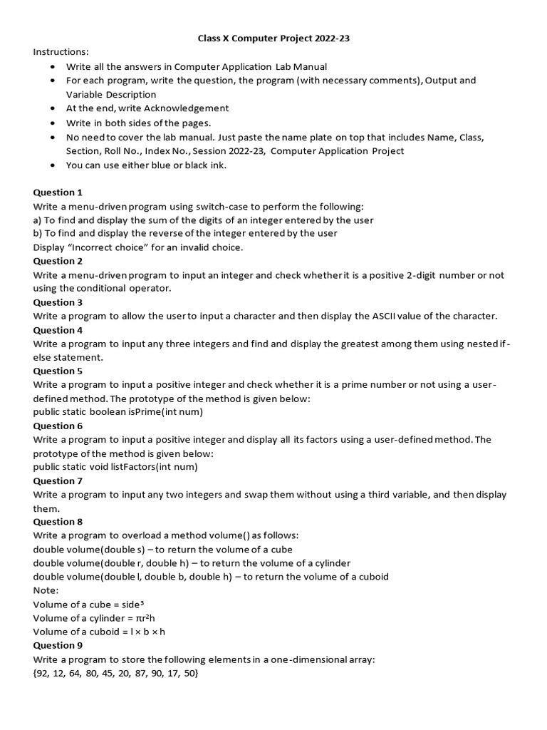 Class X Computer Project 2022-23 | PDF | Computer Program | Programming