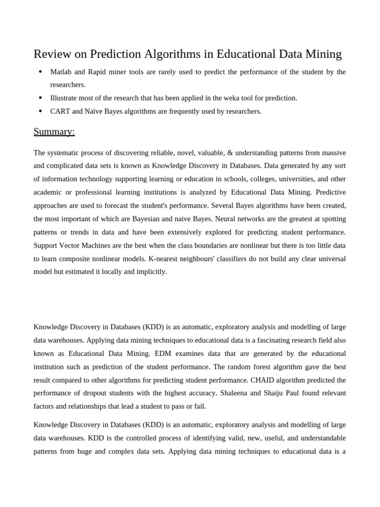 Review On Prediction Algorithms In Educational Data Mining Pdf Data Mining Statistical