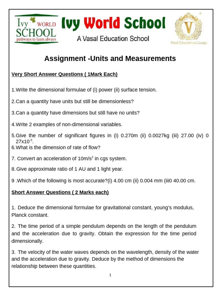 Revision Assignment 1units and Measurements | PDF