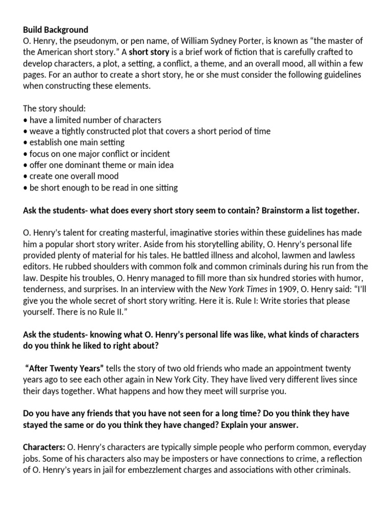 Themes and Setting in "After Twenty Years" | PDF | O. Henry