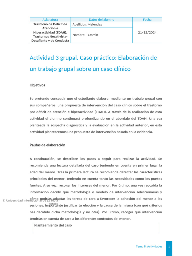 Act 3 Elaboracion de Un Trabajo Grupal Sobre Un Caso Clinico | PDF | Desorden hiperactivo y ...