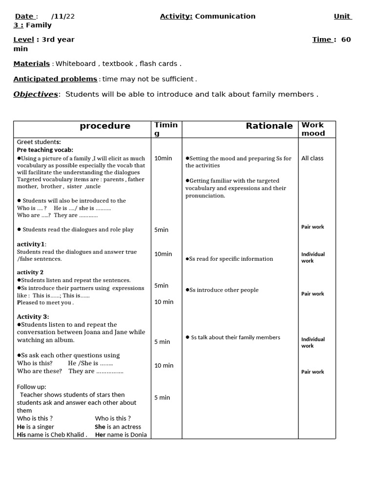 Comm Lesson Plan - Family | PDF | Linguistics | Cognitive Science