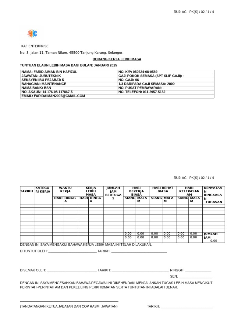 Borang Kerja Lebih Masa | PDF