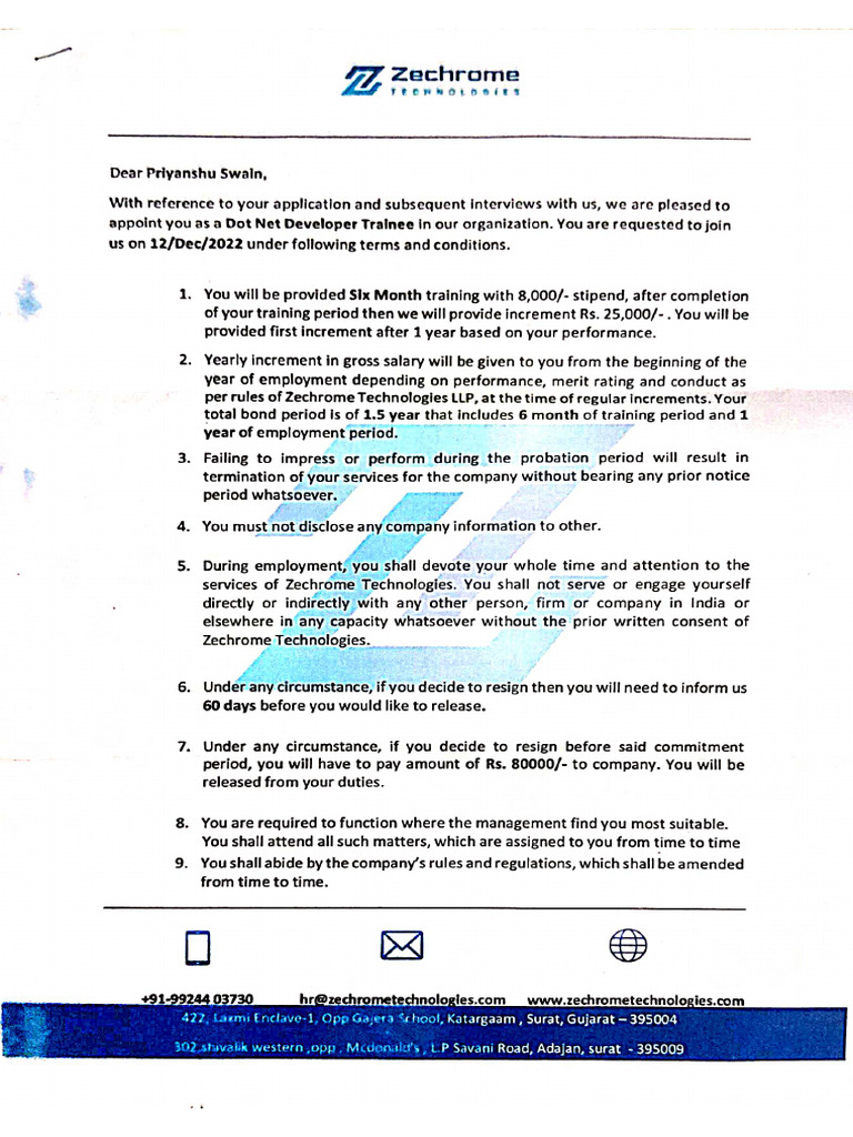 Priyanshu Swain Offer Letter | PDF