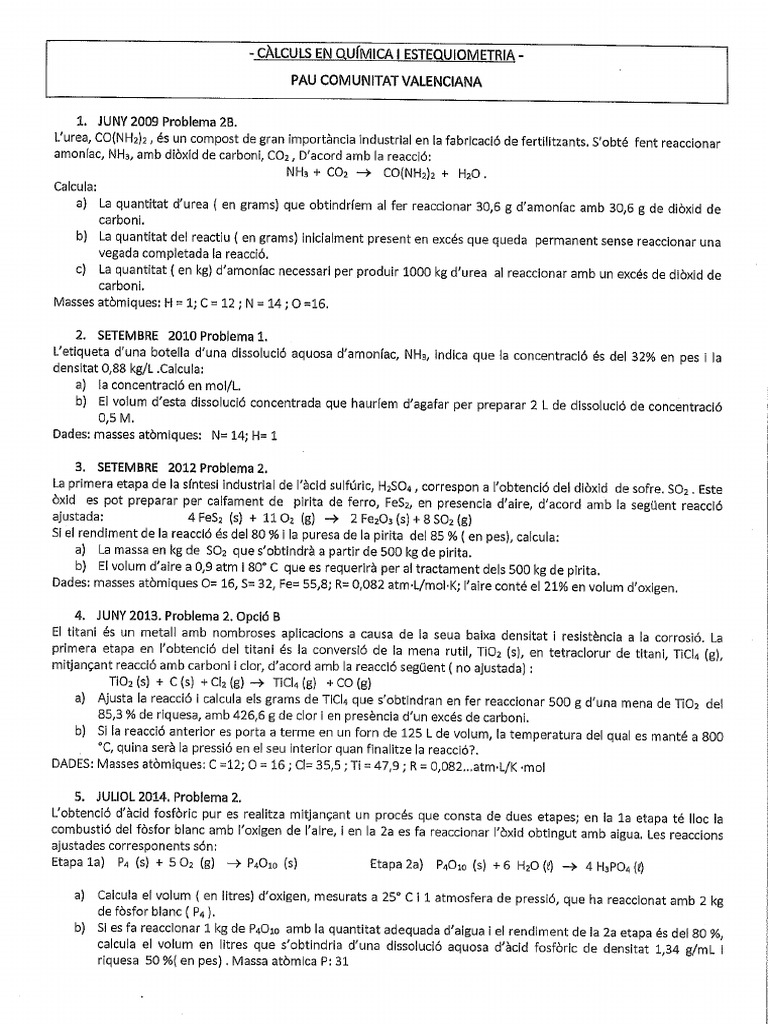 Exercicis Estequiometria PAU | PDF