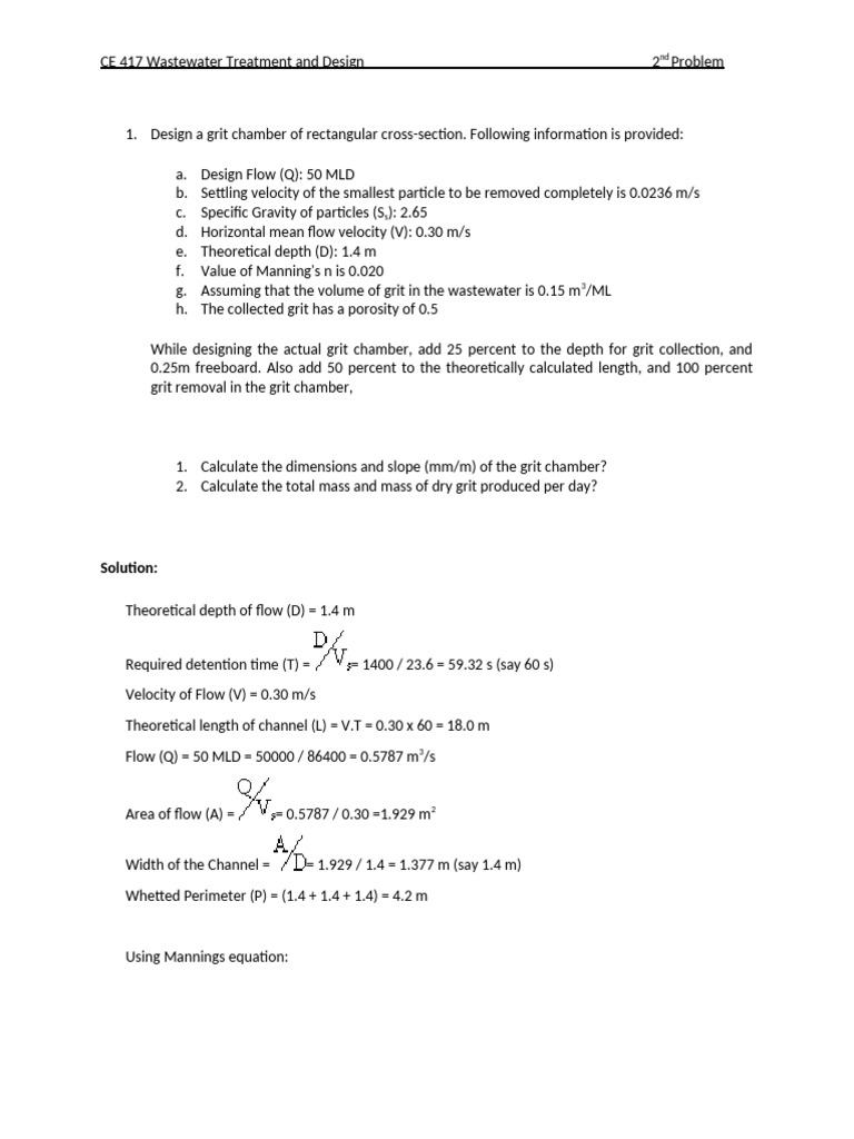Grit Chamber Design Example Lec-5 | PDF