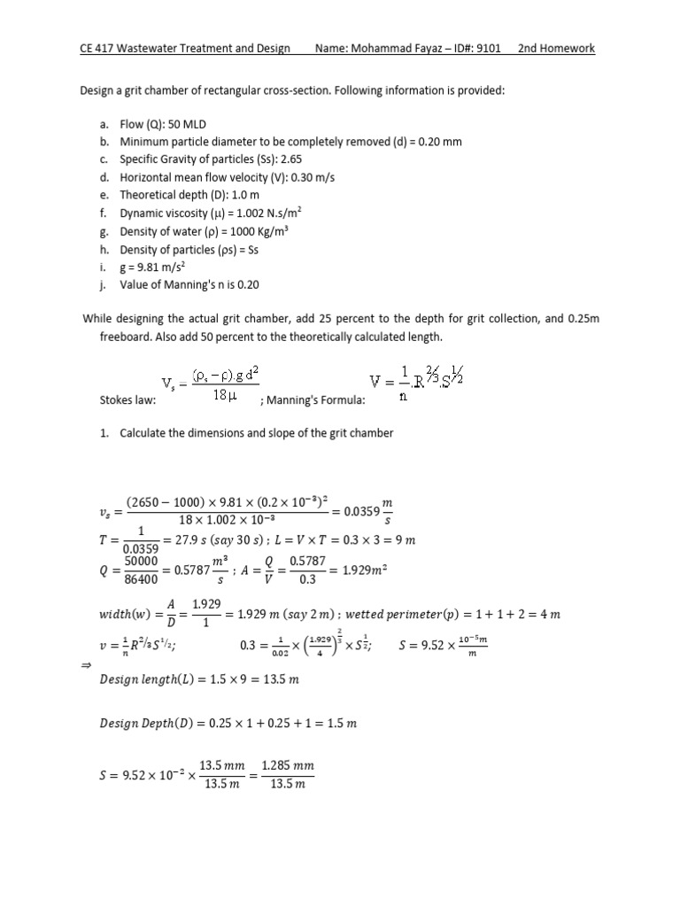 Grit Chamber Design Calculations | PDF