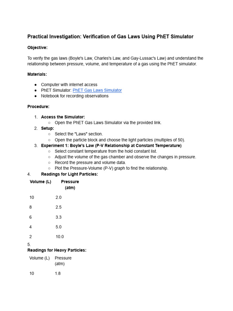 Practical Investigation - Verification of Gas Laws Using PhET Simulator ...
