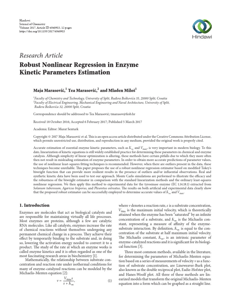 Robust Nonlinear Regression in Enzyme Kinetic Parameters Estimation | PDF | Errors And Residuals ...