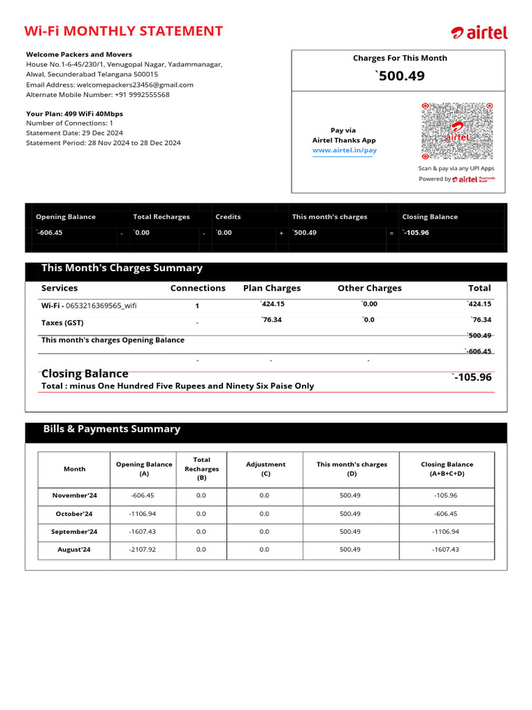 Wi-Fi Bill (Welcome Packers and Movers) | PDF | Credit Card | Debit Card