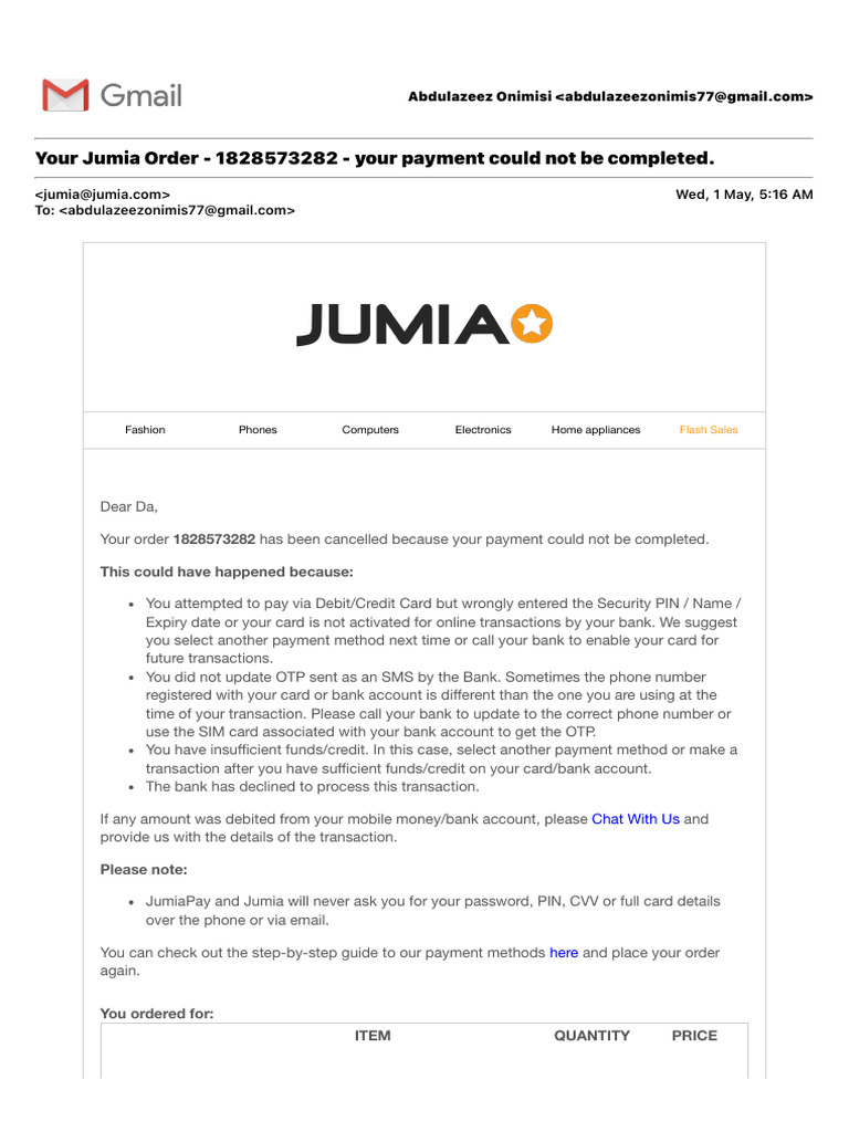 Your Jumia Order - 1828573282 - Your Payment Could Not Be Completed ...