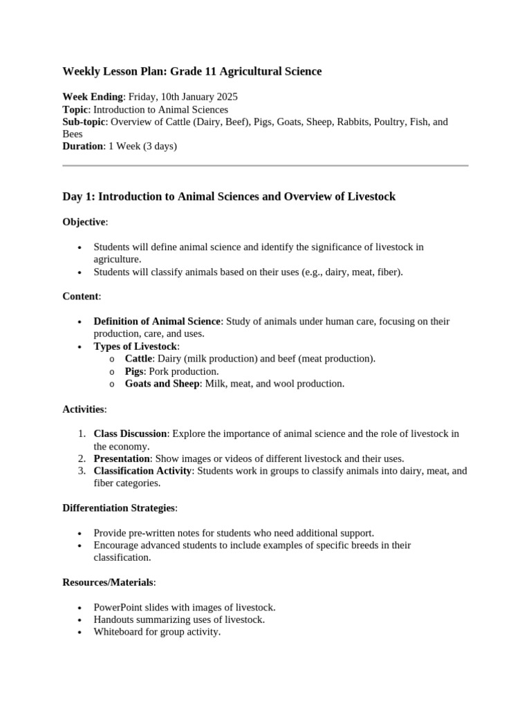 Grade 11 Animal Science Lesson Plan | PDF | Livestock | Agriculture