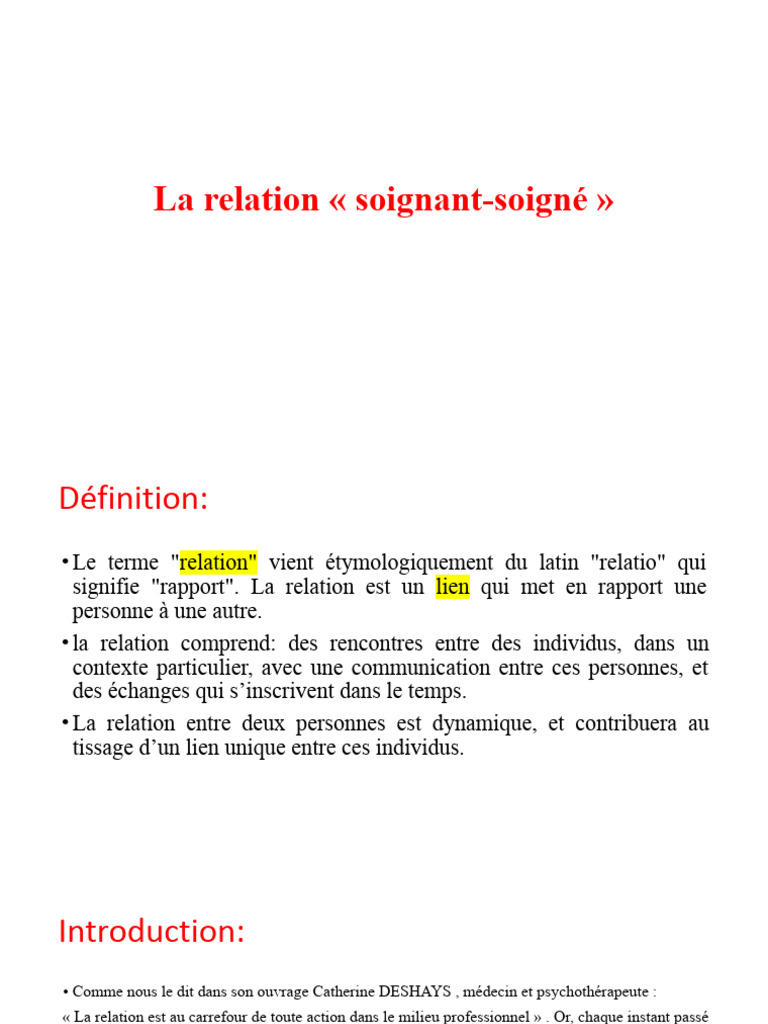 Relation soignant-soigné : définitions clés | PDF | Professionnel de la ...