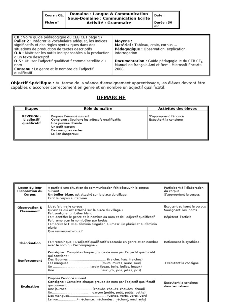 Accord de l'adjectif qualificatif CE1 | PDF | Genre grammatical | Pédagogie