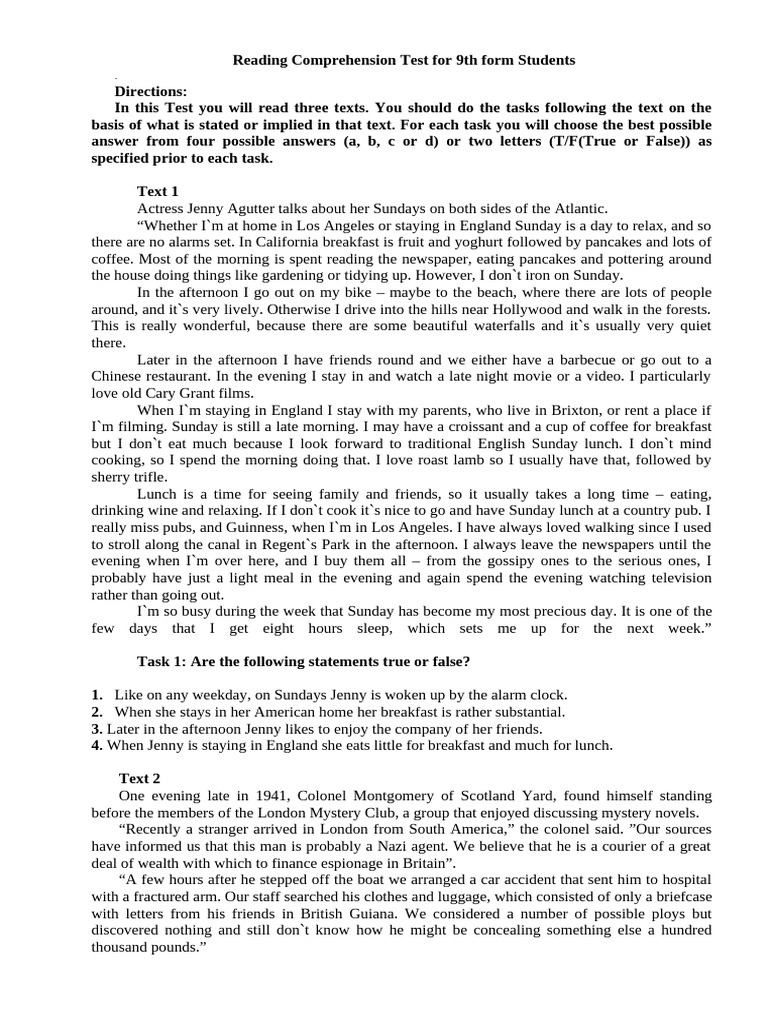 9th Grade Reading Comprehension Test | PDF | Lunch | Internet