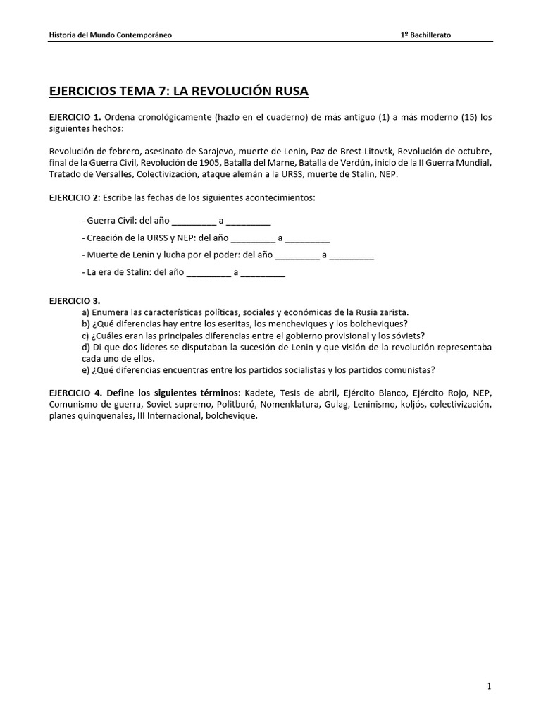 Ejercicios Tema 7 | PDF | Vladimir Lenin | Unión Soviética