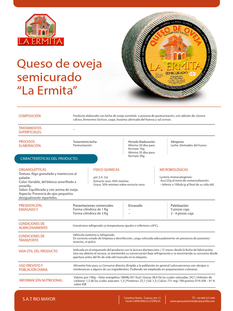 Queso de Oveja Semicurado La Ermita | PDF | Leche | sal