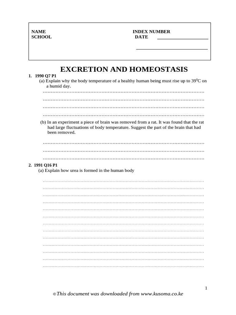 Excretion and Homeostasis Exam Questions | PDF