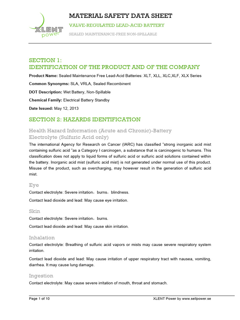 5934ff9f39a9fa05e6a4138d MSDS AGM-XLENT | PDF | Lead | Sulfuric Acid