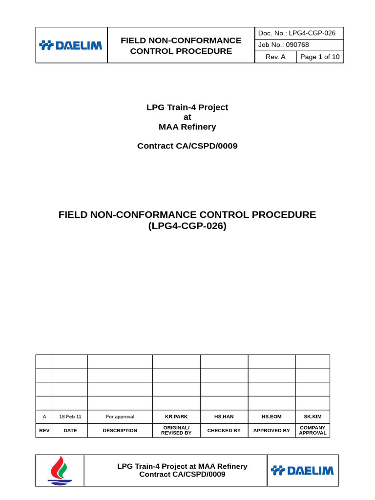 Field Non Conformance Control Procedure Rev.A | PDF