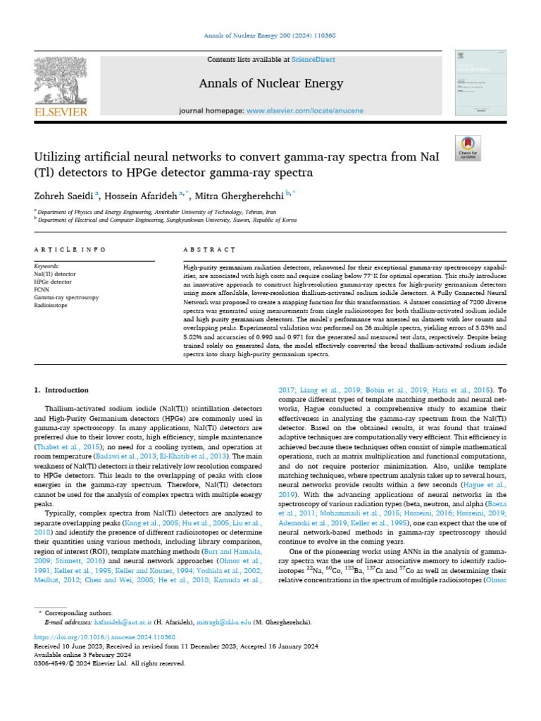 2024 - Utilizing Artificial Neural Networks To Convert Gamma-Ray Spectra From NaI (TL) Detectors ...