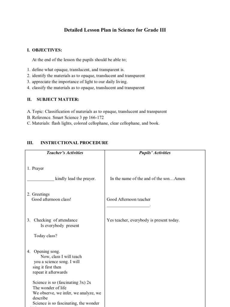 Detailed Lesson Plan In Science For Grade III Shadow Matter