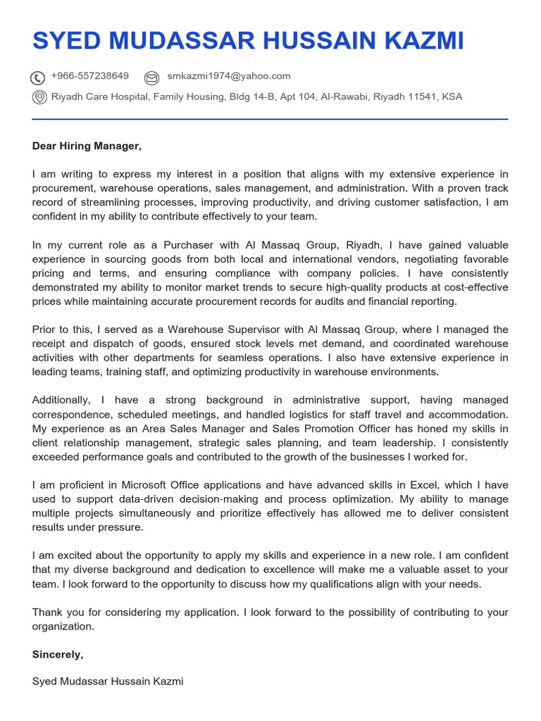 Syed Mudassar Hussain Kazmi Cover Letter | PDF | Procurement | Business